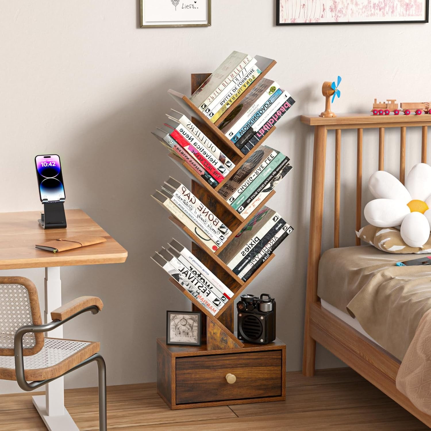 8 Tier Tree Bookshelf with Drawer, Free Standing Wood Bookcase for ...