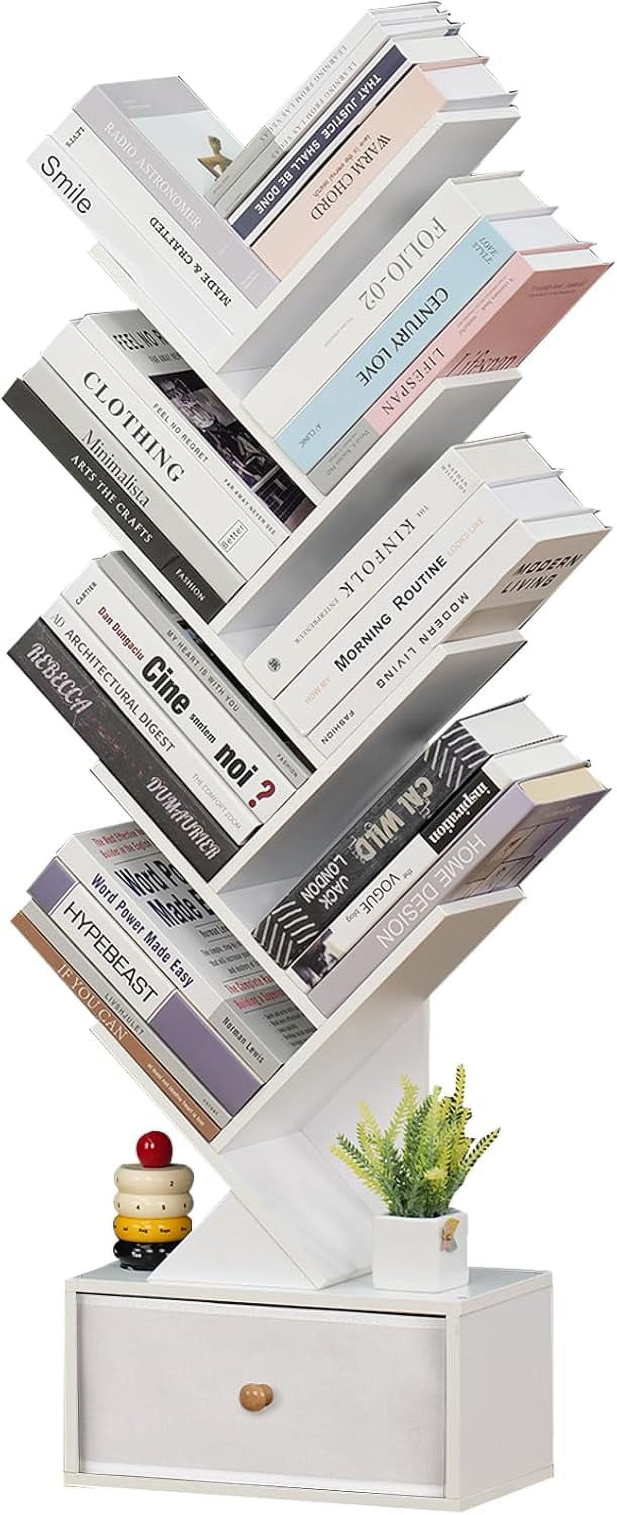 8 Tier Tree Bookshelf with Drawer, Freestanding Wood Bookcase for ...