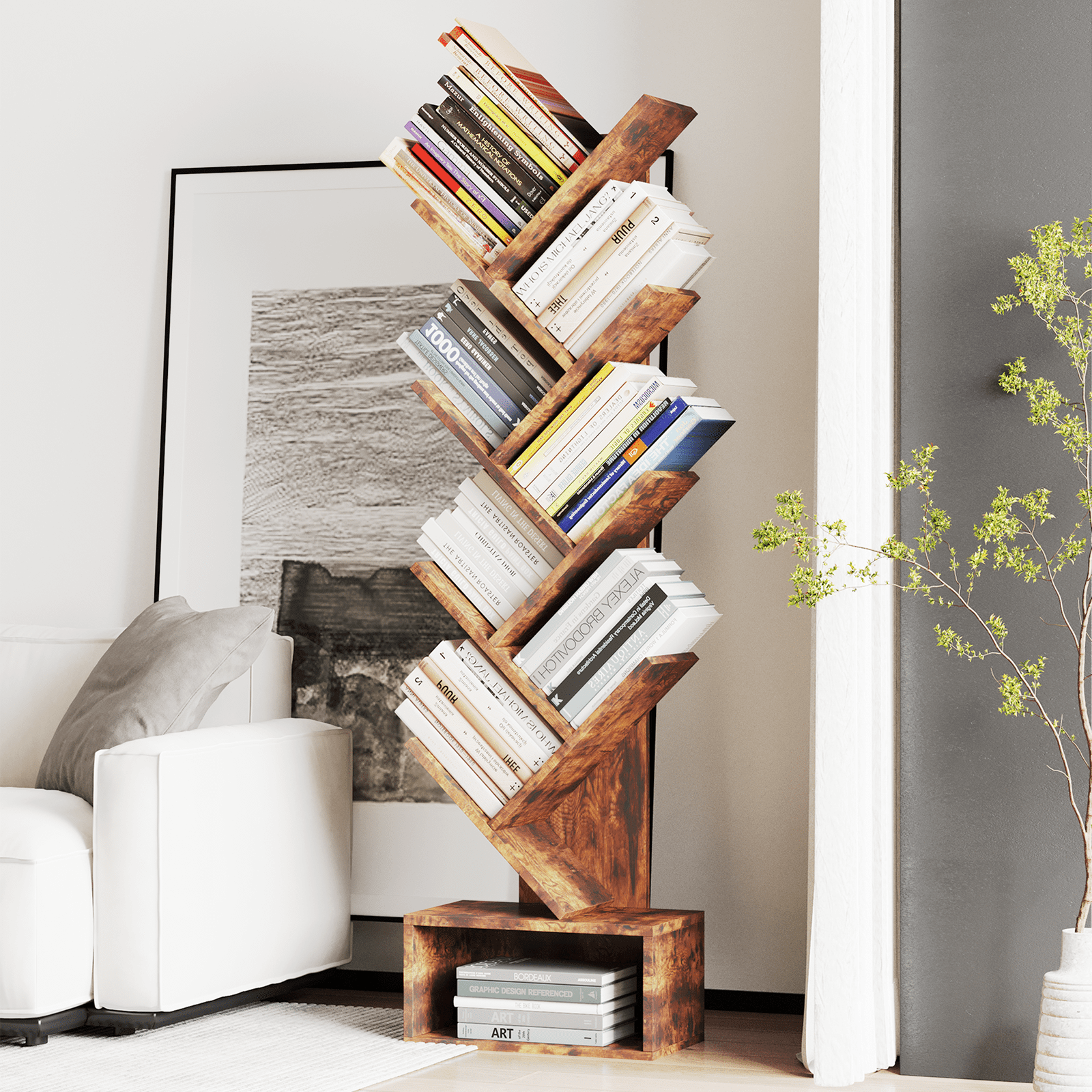 8-Tier Tree Bookshelf, Industrial Retro Storage Rack, Bookcase with ...
