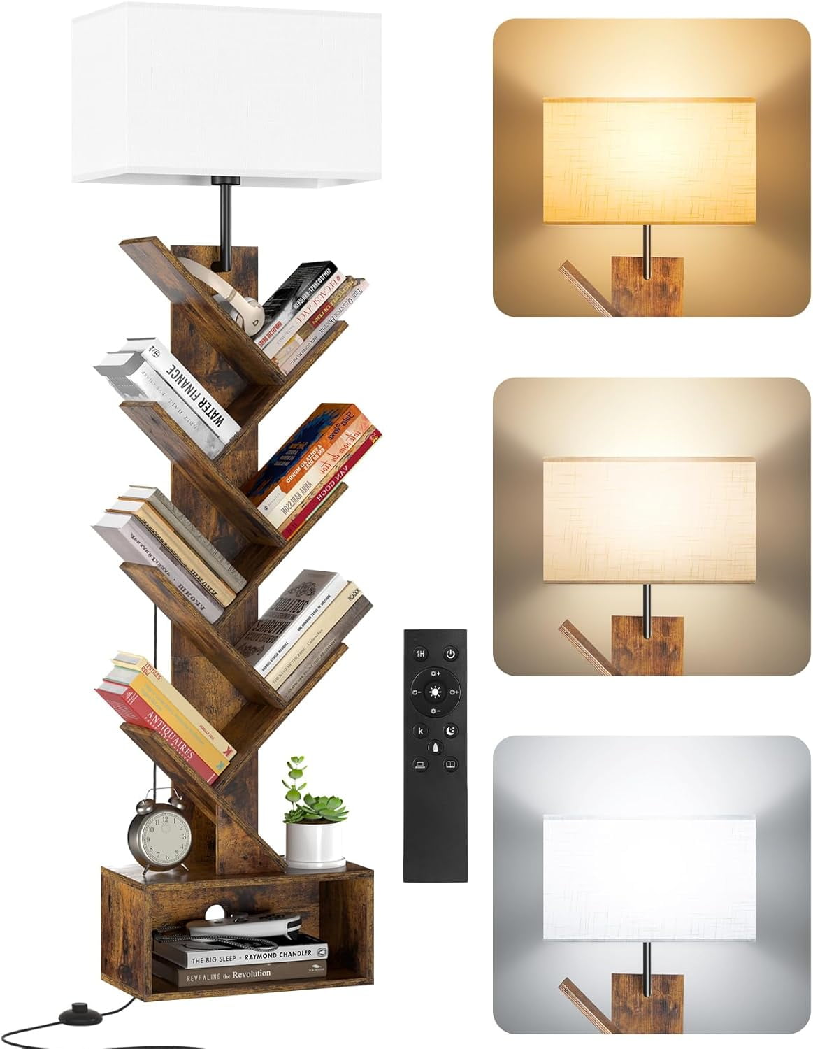 8 Tier Tree Bookshelf with Lamp, Remote & Timer, Modern Tall Floor ...