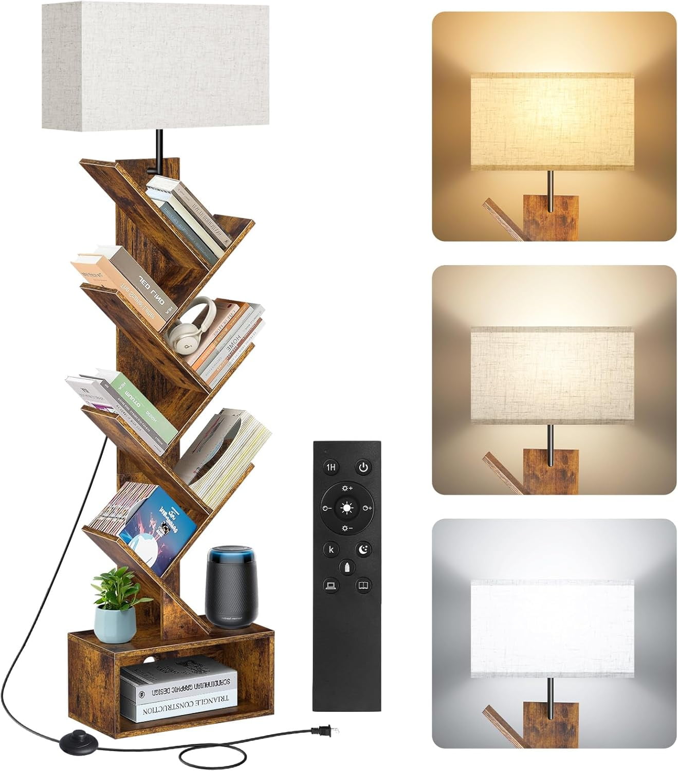 8 Tier Tree Bookshelf with Light & Remote, Small Bookcase with Storage ...