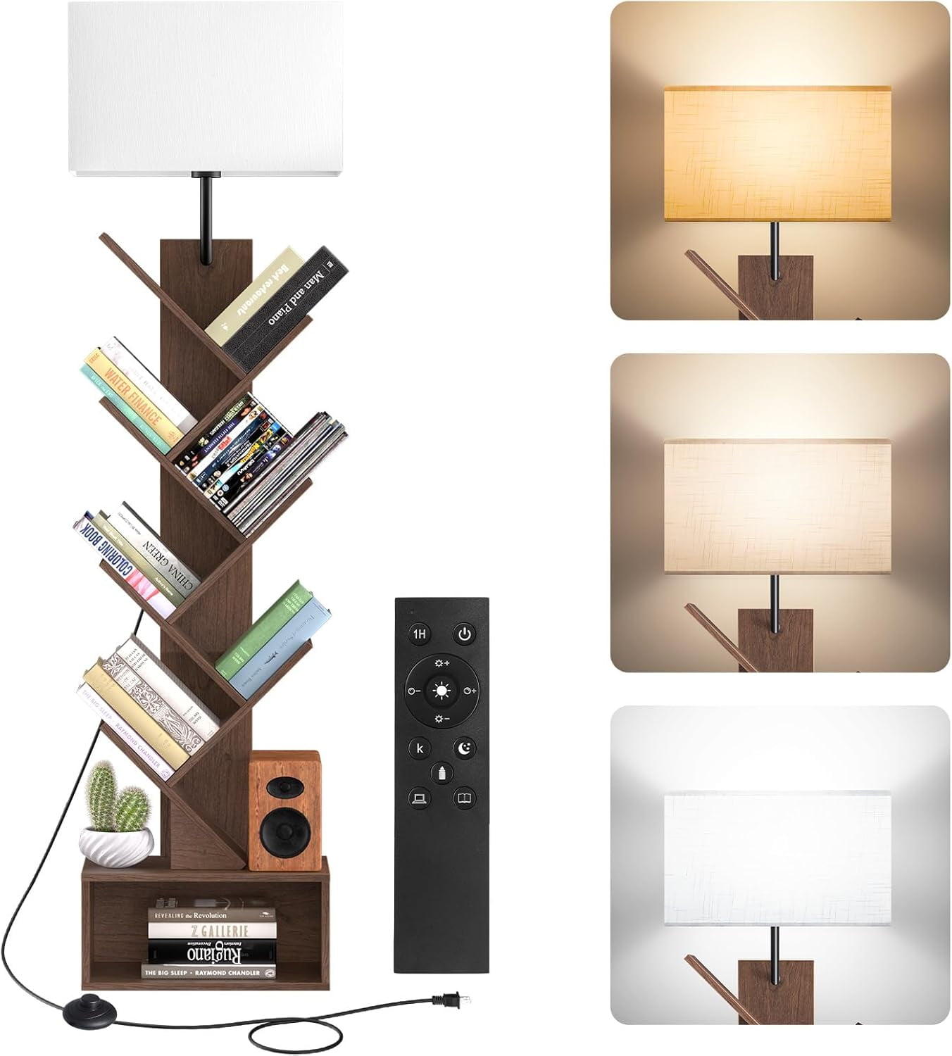8 Tier Tree Bookshelf with Light & Remote, Small Bookcase with Storage ...