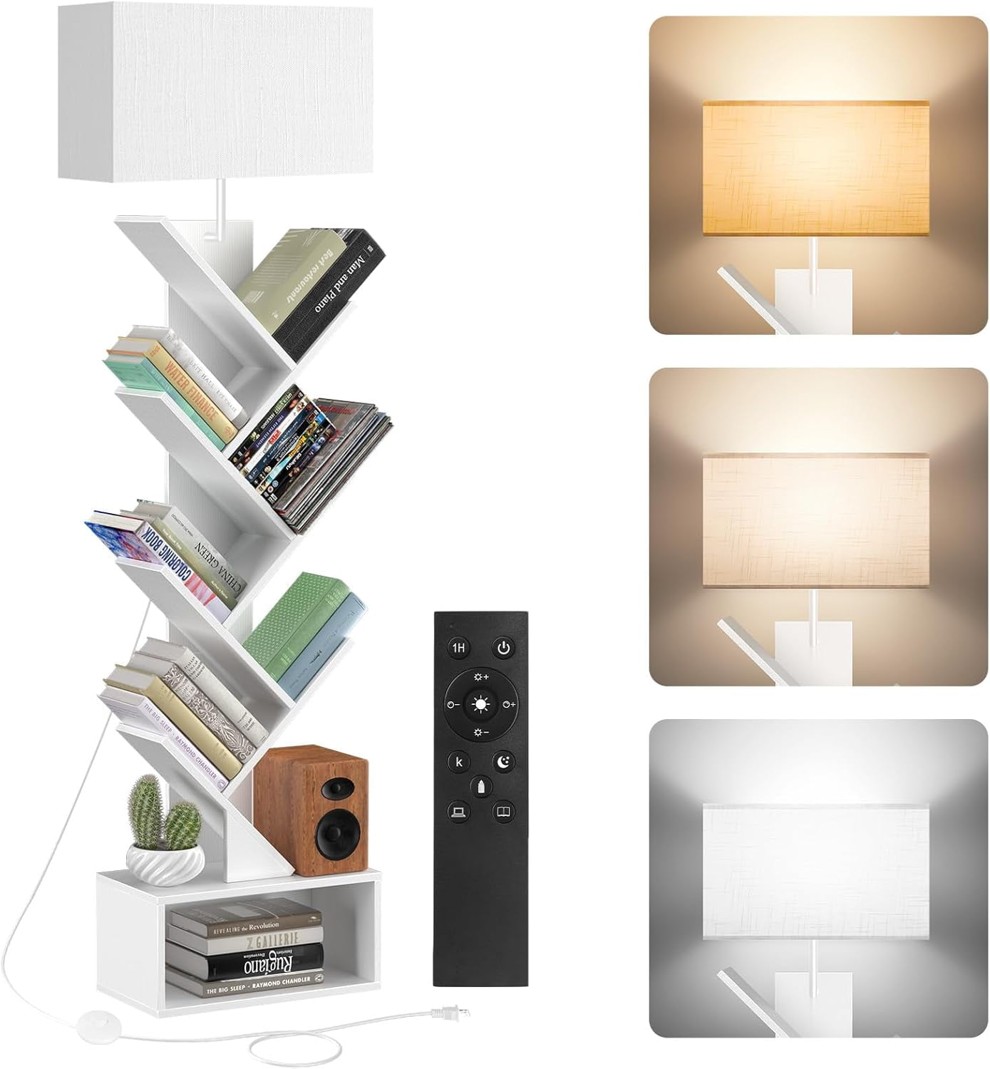 8 Tier Tree Bookshelf with Light & Remote, Small Bookcase with Storage ...