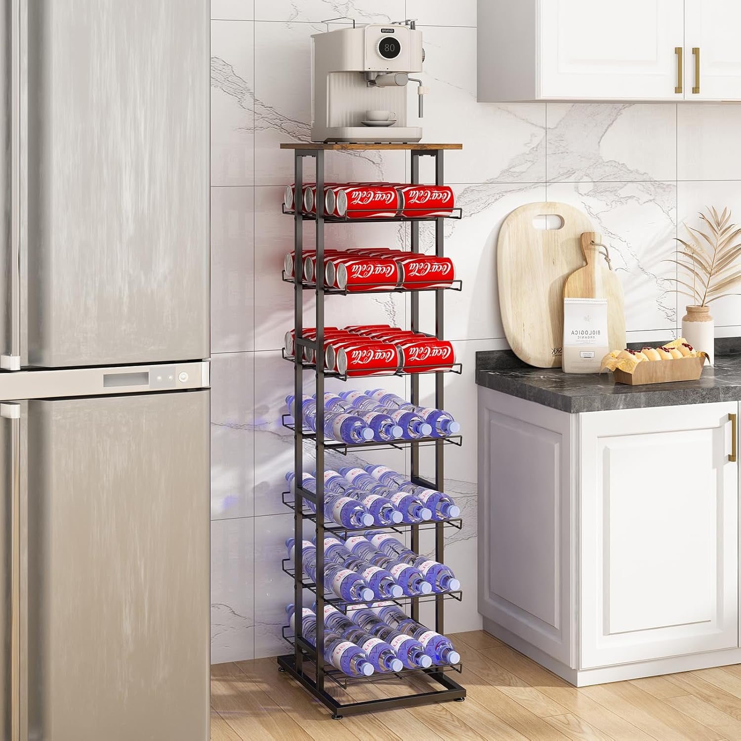 8 Tier Water Bottle Storage Rack with Wooden Tabletop,Metal Beverage ...