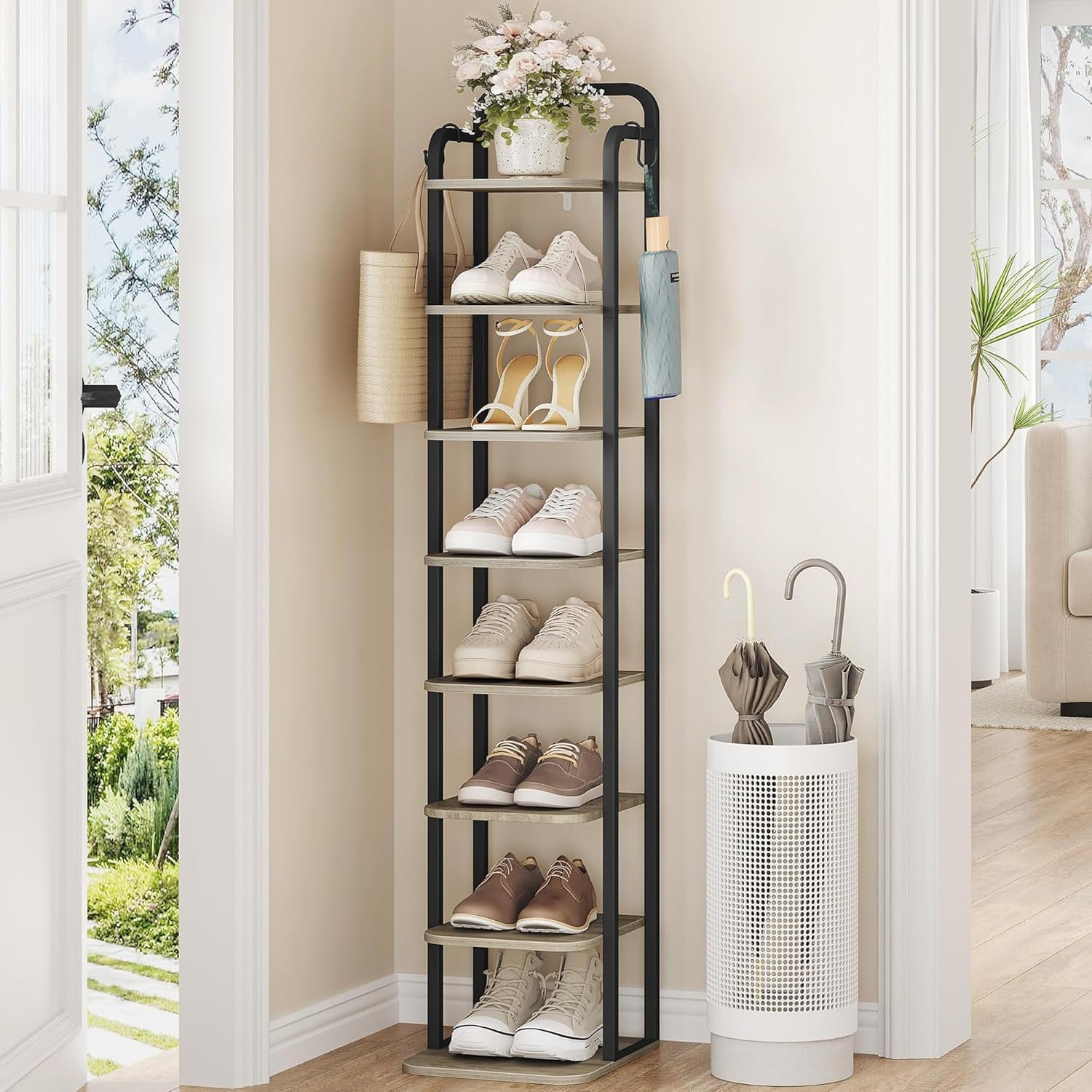 8 Tiers Vertical Shoe Rack, Narrow Shoe Tower, Tall Shoes Shelf with 2 ...