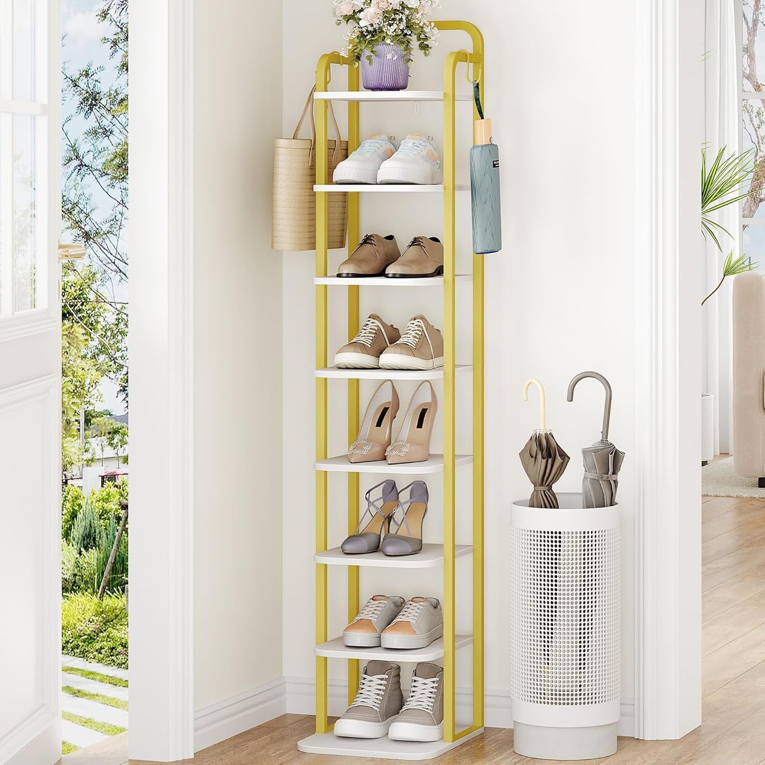 8 Tiers Vertical Shoe Rack, Narrow Shoe Tower, Tall Shoes Shelf with 2 ...