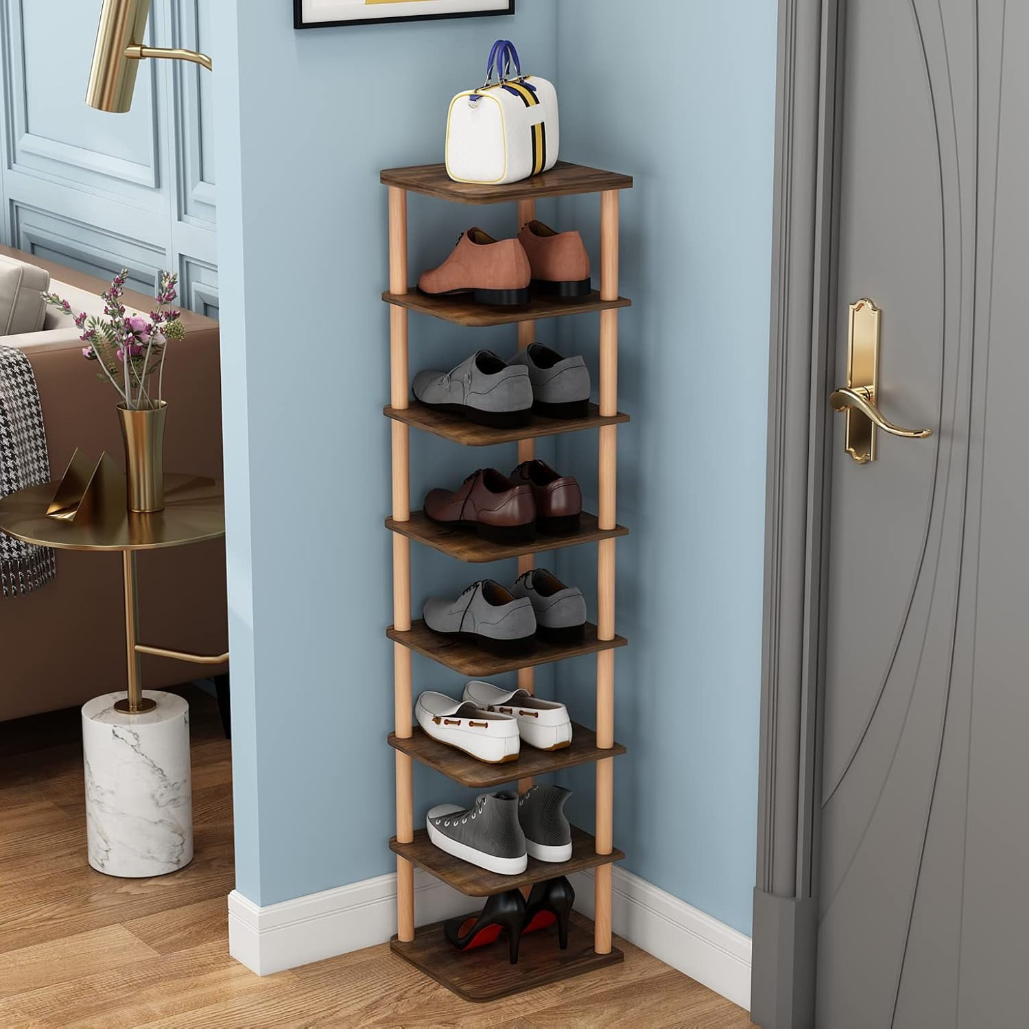 8 Tiers Vertical Shoe Rack, Narrow Wooden Shoe Organizer for Closet ...