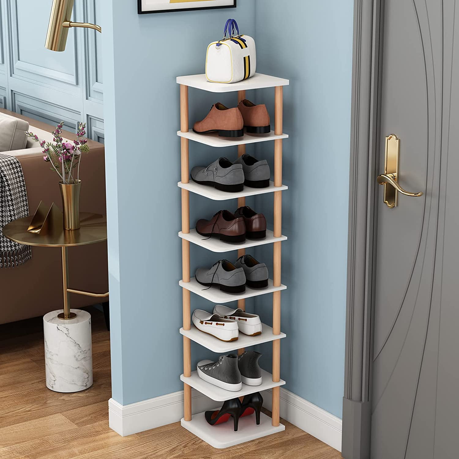 8 Tiers Vertical Shoe Rack, Narrow Wooden Shoe Organizer for Closet ...