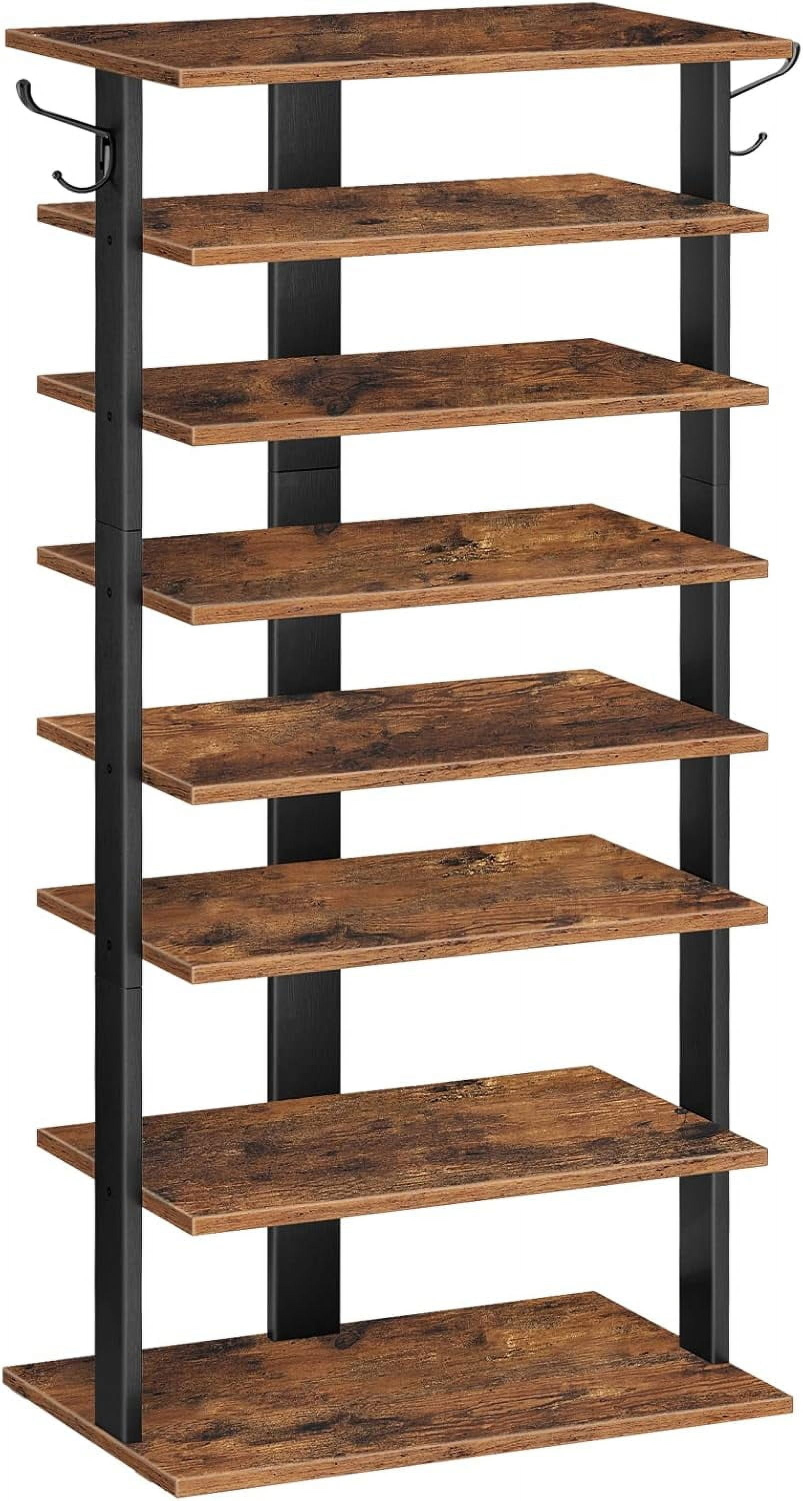 8 Tiers Vertical Shoe Rack, Wooden Shoe Storage Organizer with Hooks ...