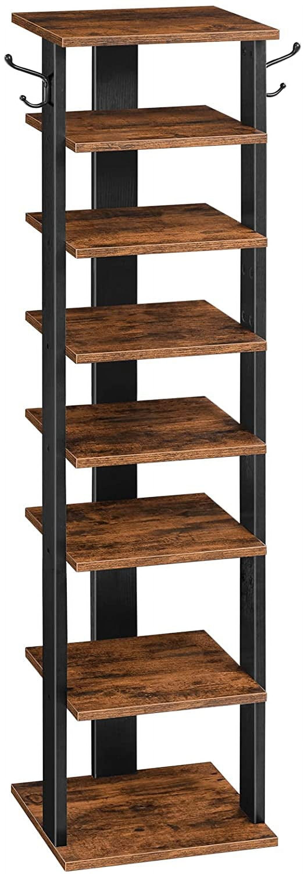 8 Tiers Vertical Shoe Rack, Wooden Shoe Storage Organizer with Hooks ...
