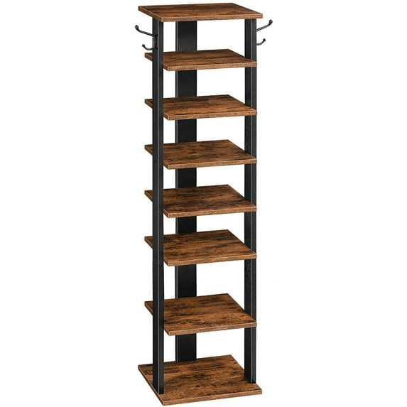 8 Tiers Vertical Shoe Rack, Wooden Shoe Storage Organizer with Hooks ...