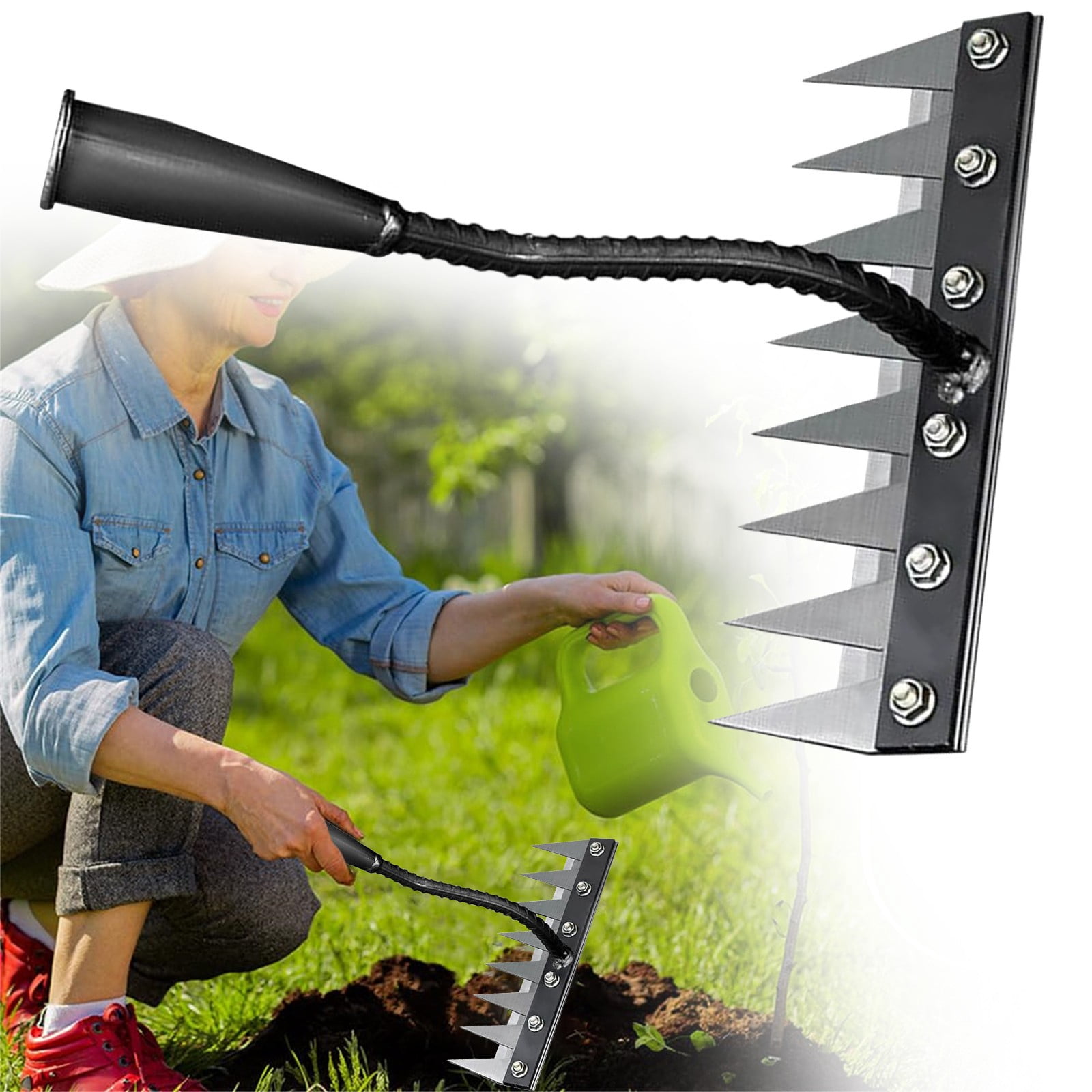 8 Tooth Garden Weeding Rake, Handheld Long-Handle Gardening Tool for ...