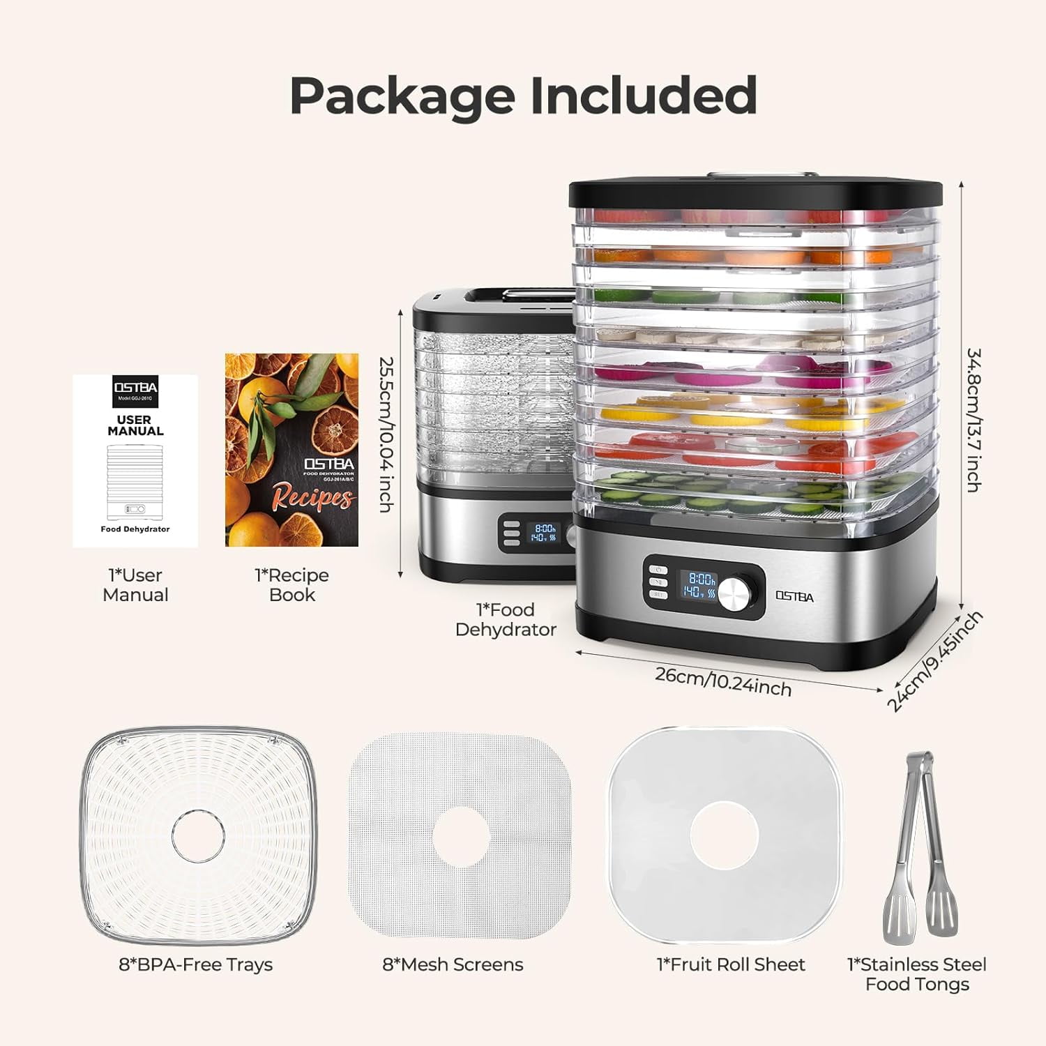 8-Tray Food Dehydrator, 72H Timer & Temp Control up to 158℉, Includes 8 ...
