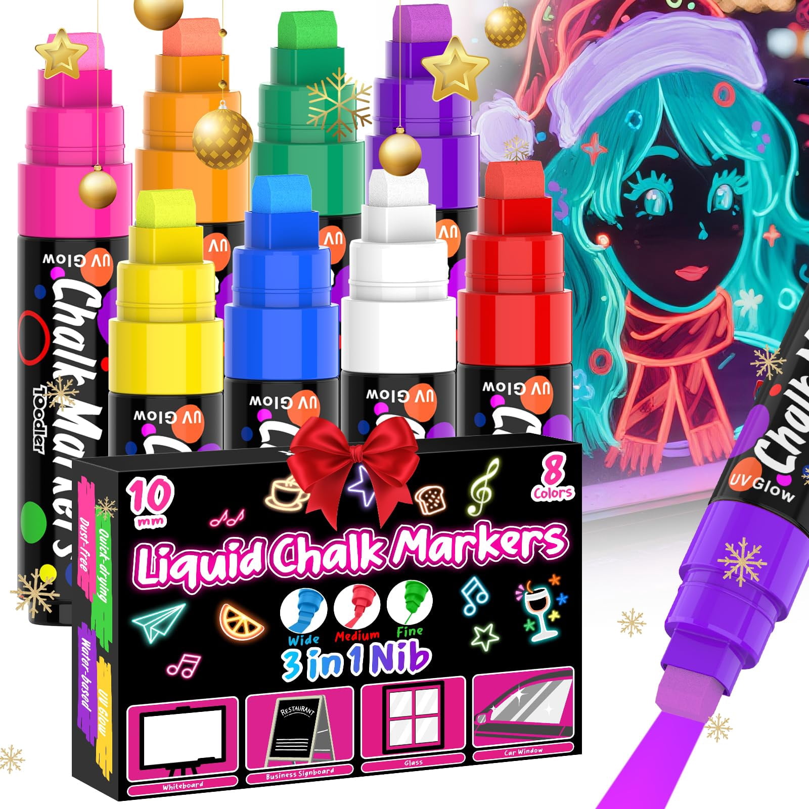 8 UV Neon Chalk Markers Glow in the Dark under Blacklight, Jumbo Liquid ...