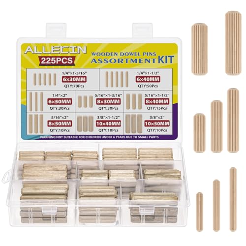 8 Values Wood Dowels Kit 1/4 3/8 5/16 Inch Fluted Wooden Dowel Pins ...