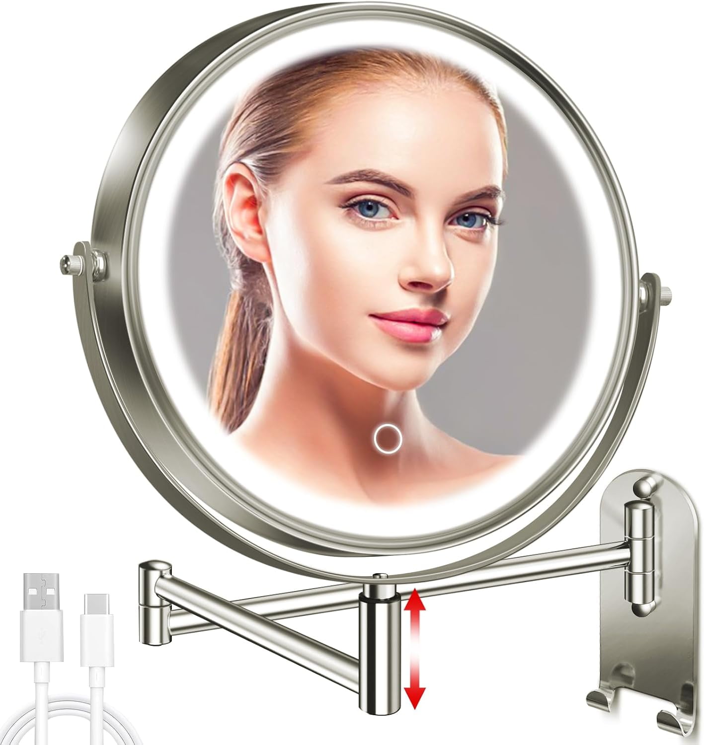 8" Wall Mounted Lighted Makeup Mirror, 3000mAh Rechargeable Double ...