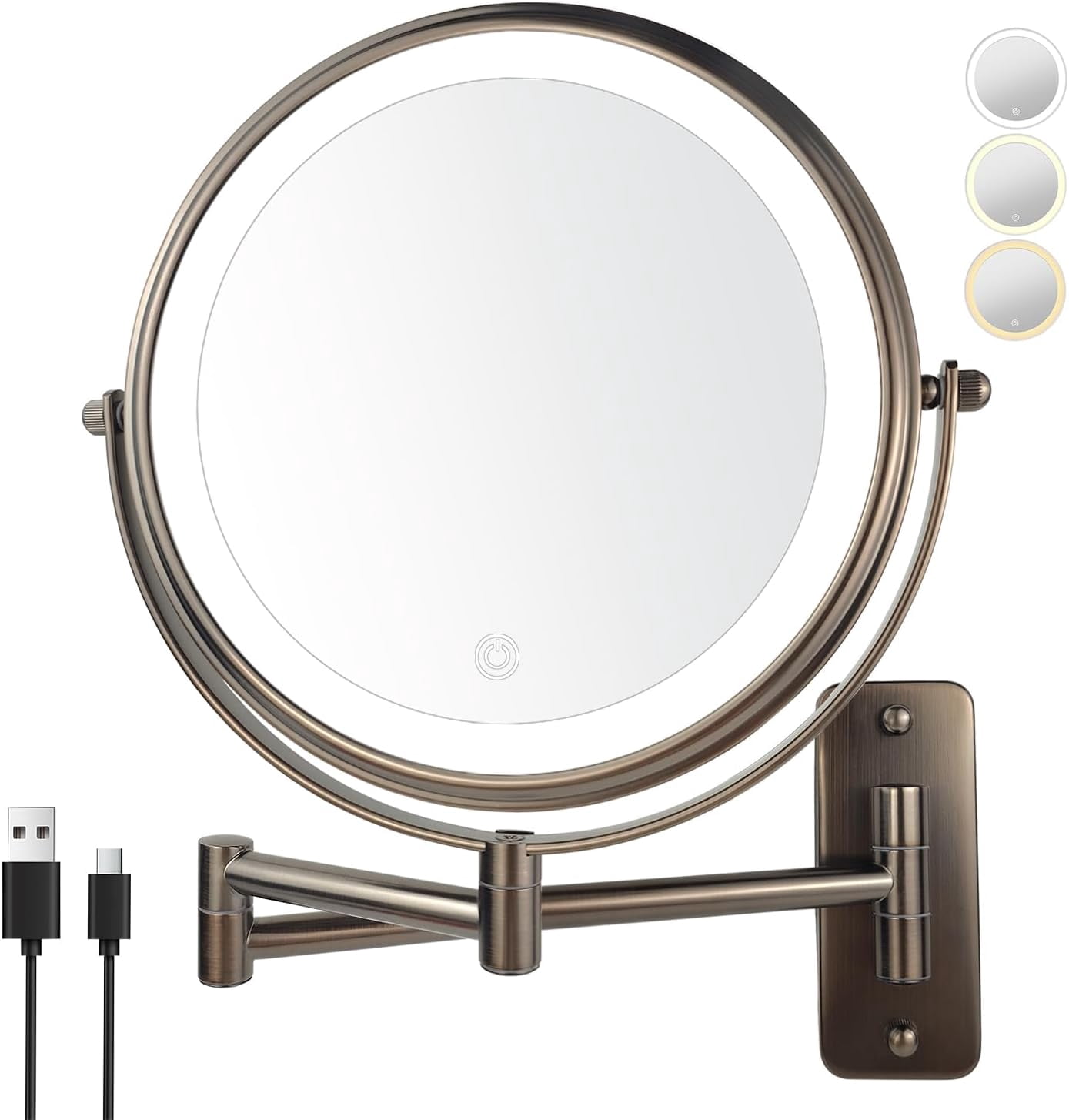 8" Wall Mounted Lighted Makeup Mirror,Rechargeable Double Sided 1X/10X ...