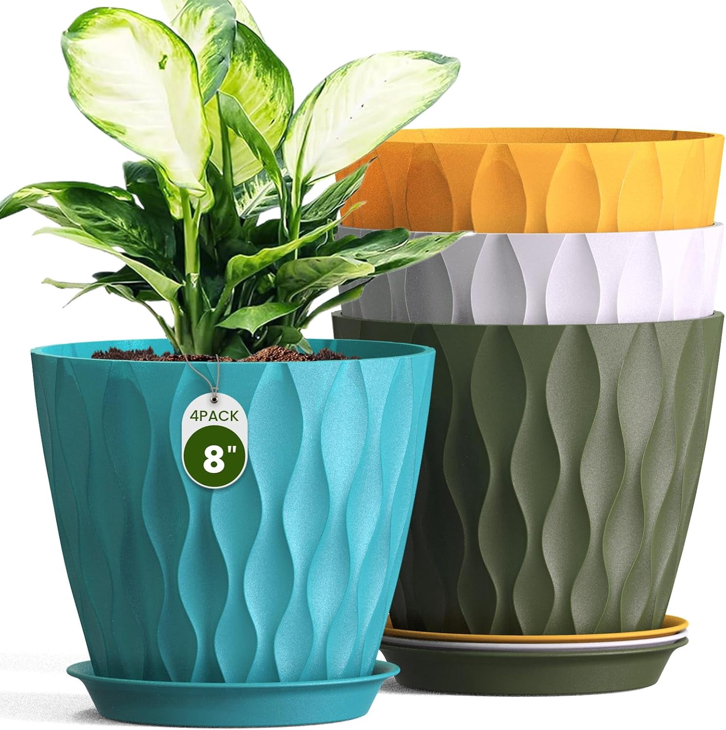 8" Water Wave Plant Pots with Drainage Holes & Saucers, 4 Pack Modern ...
