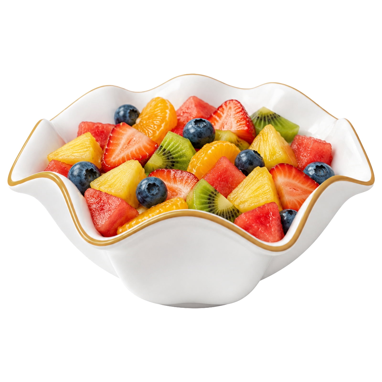 8" White Ceramic Decorative Bowl, Ruffle Edge Serving Bowl with Golden ...