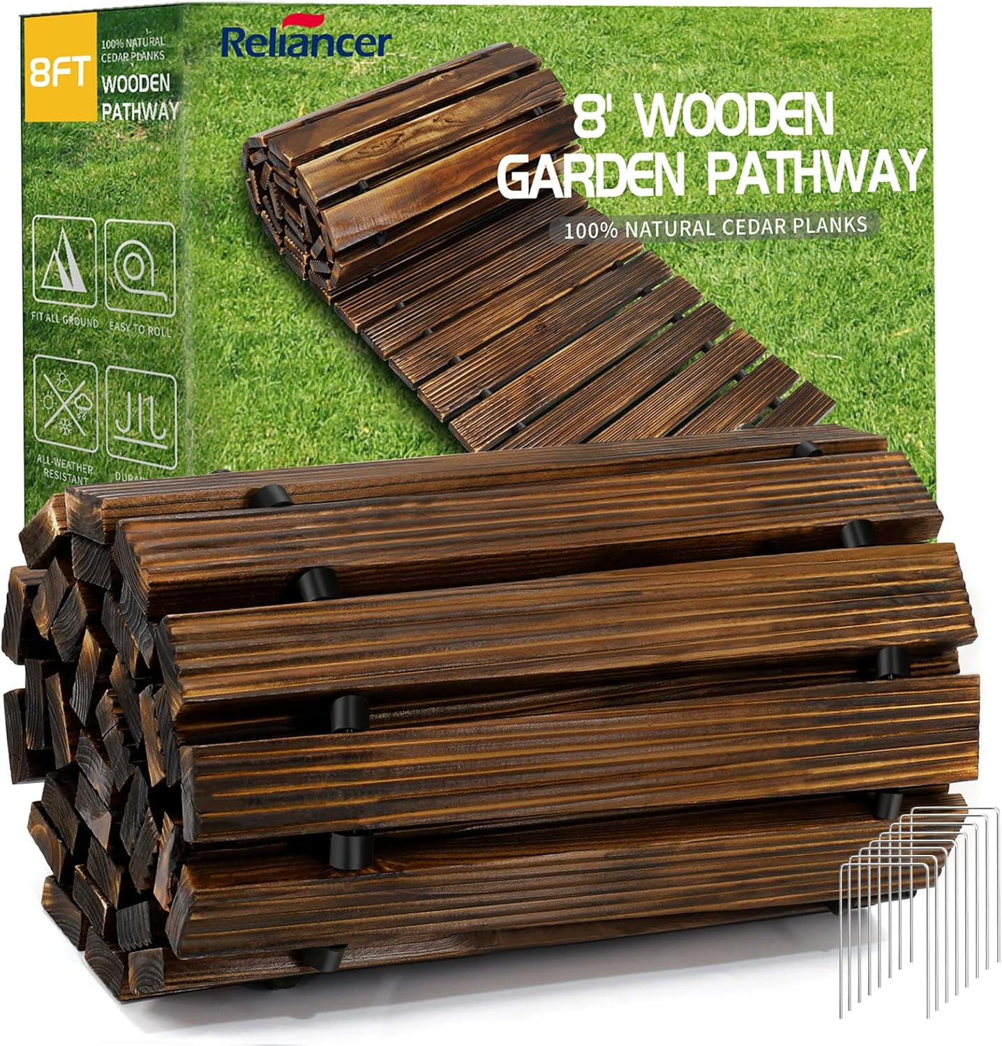8' Wooden Garden Pathway,Outdoor Roll Out Cedar Straight Walkway,Patio ...