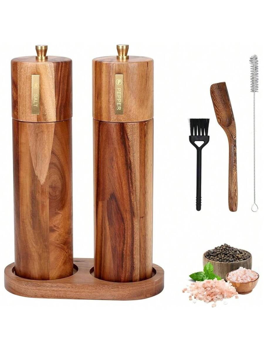8" Wooden Salt and Pepper Mill Set, Adjustable Coarseness with Brush ...