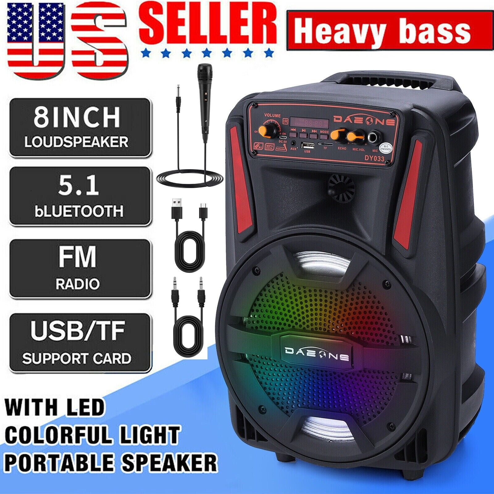8" Woofer Portable Party Wireless Speaker with Mic USB Rechargeable ...