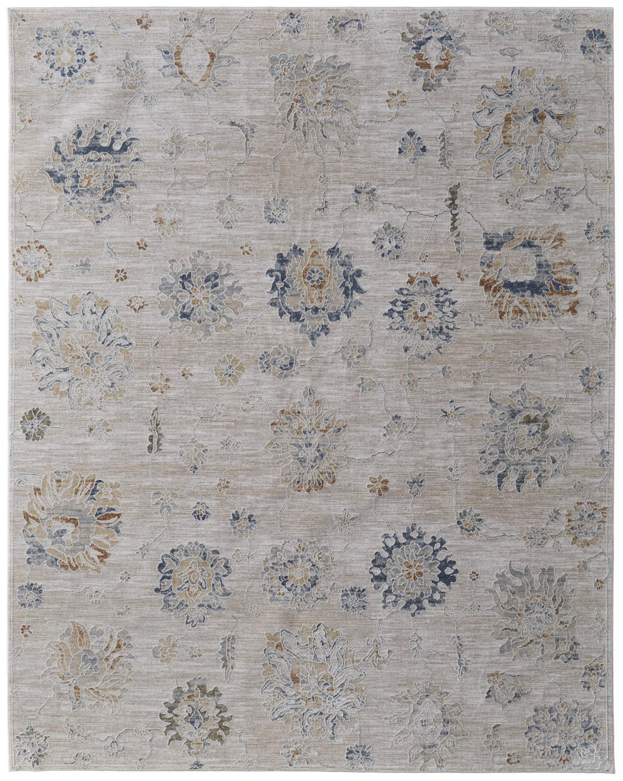 8' X 10' Ivory Taupe and Blue Floral Power Loom Worn Faded Area Rug ...