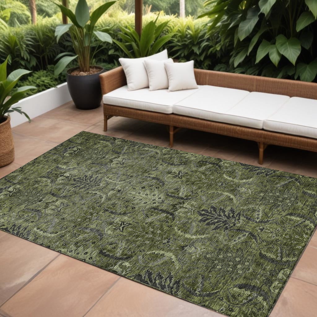 HomeRoots 603332 8 x 10 ft. Olive Green & Charcoal Damask Washable ...