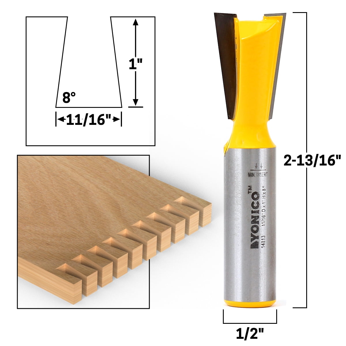 8° X 11/16" Dovetail Router Bit - 1/2" Shank - Yonico 14813 - Walmart.com