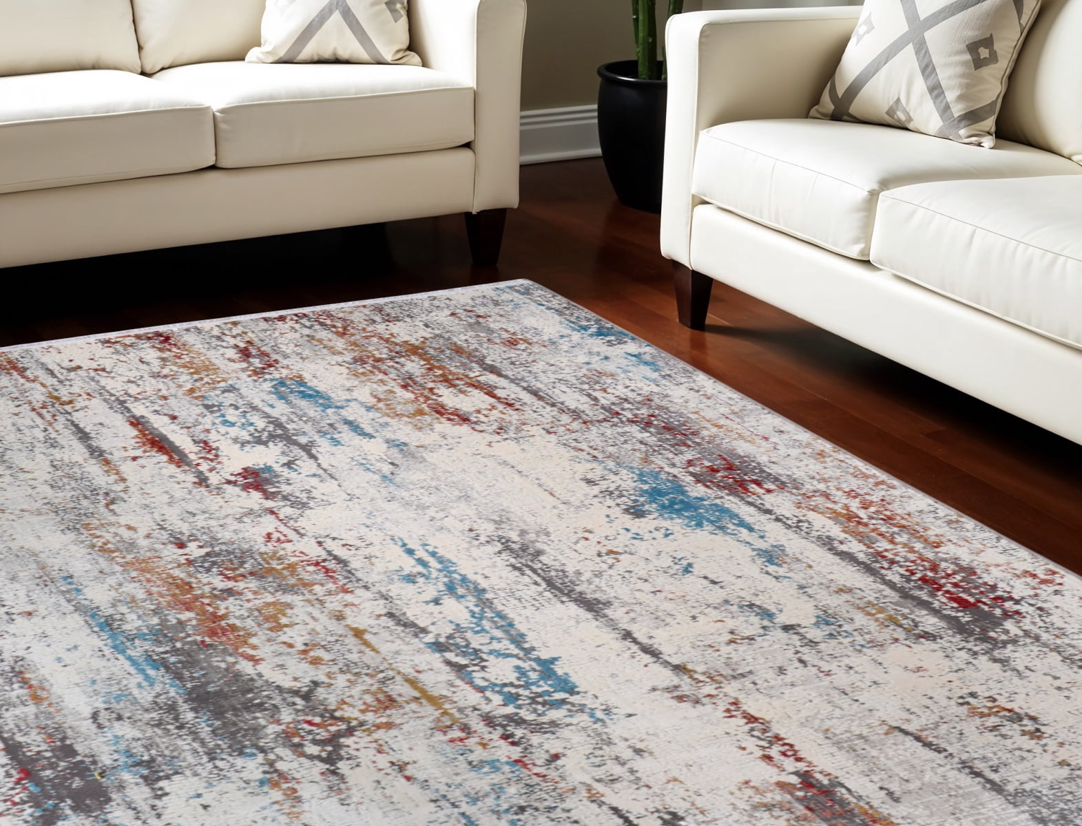 8' X 11' Gray Blue and Red Abstract Power Loom Area Rug With Fringe ...