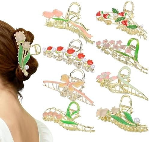 8 count Metal Hair Claw Clips for Women - Large Hold Floral Design Non ...