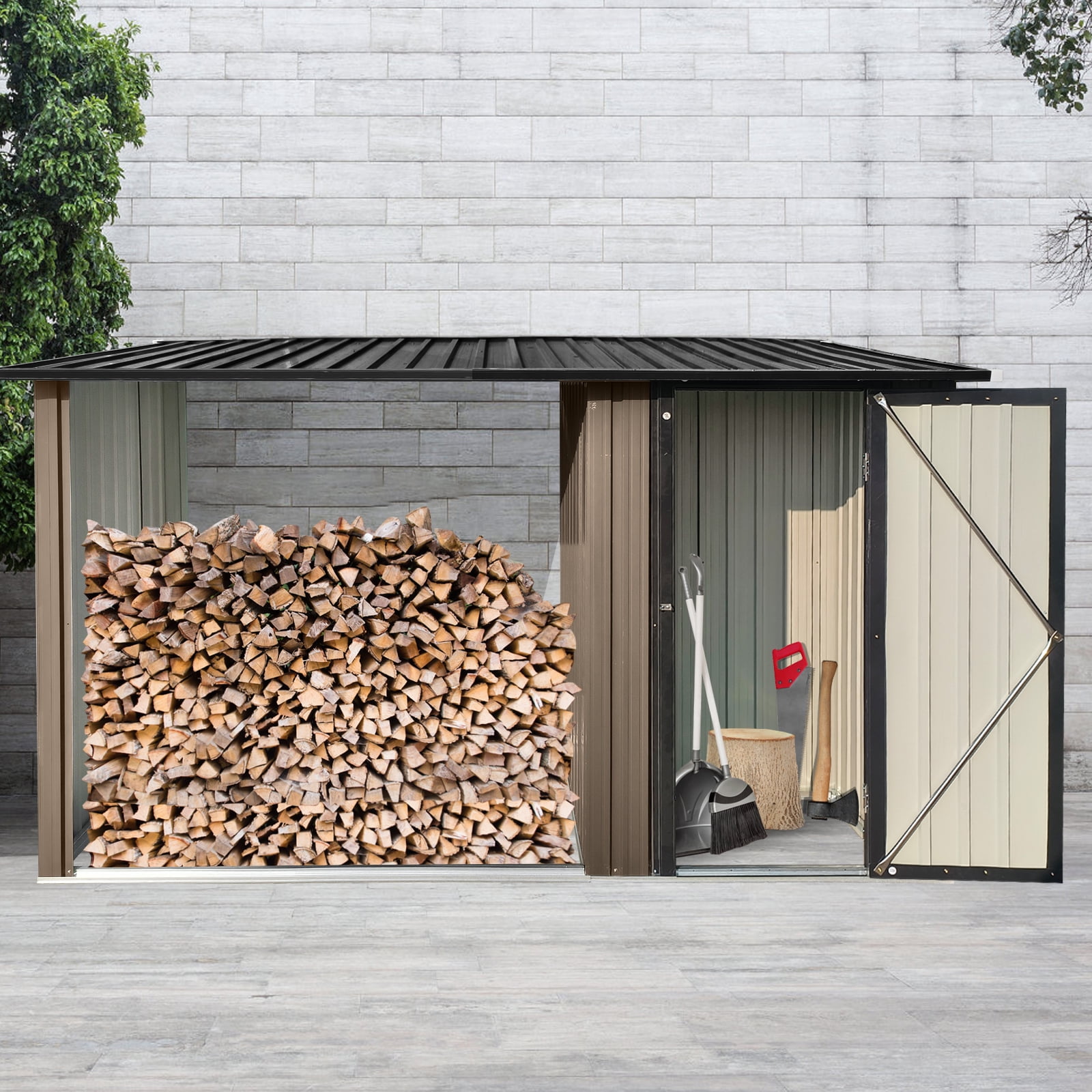 8 ft x 4 ft Outdoor Metal Firewood Rack & Storage Shed Two-in-One Heavy ...