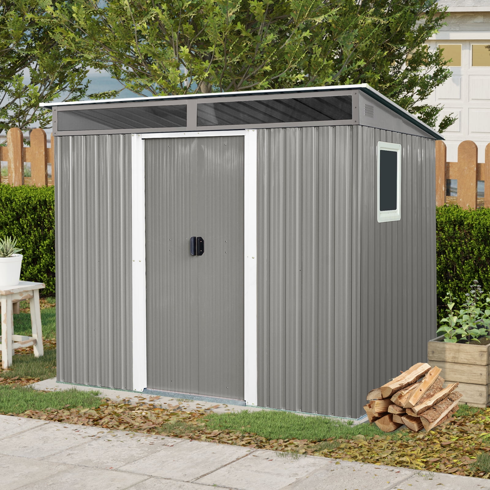 8 ft x 6 ft Metal Outdoor Storage Shed with Window Sliding Door Metal ...