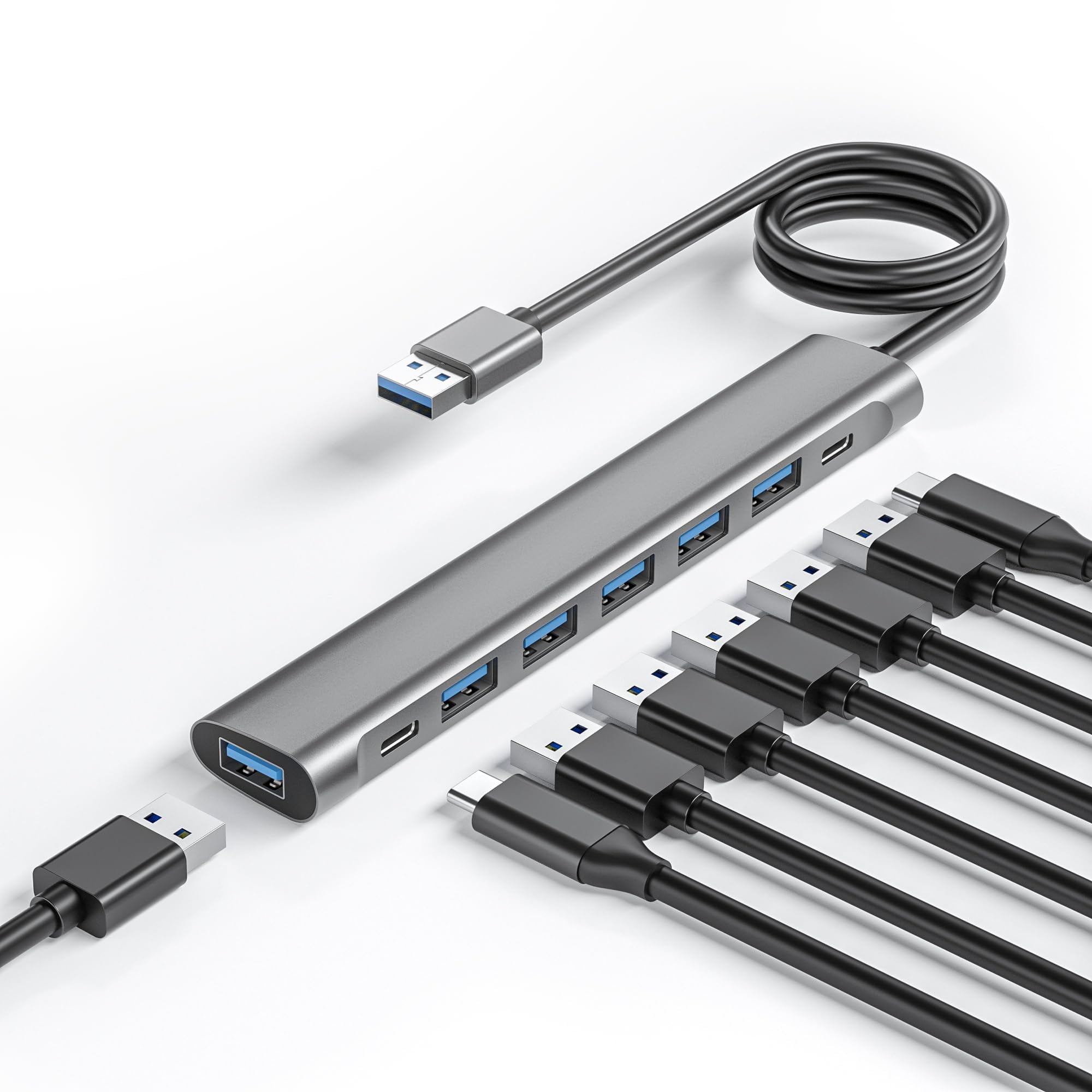 USB Hub Long Cable, 8 Ports USB 3.0 Adapter with 6 USB 3.0 Data Ports ...