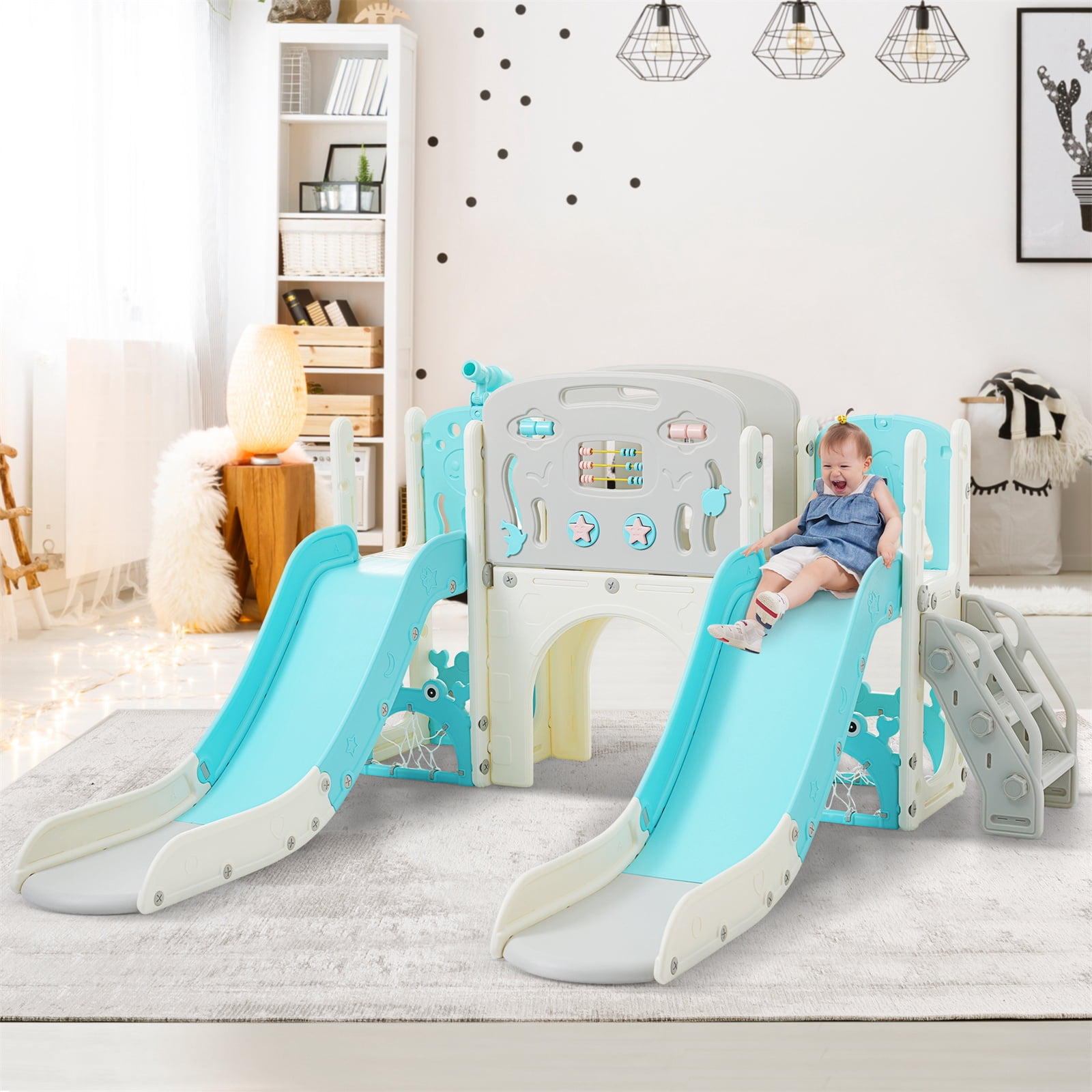 8 in 1 Kids Slide, Freestanding Double Slide with Arch Tunnel ...