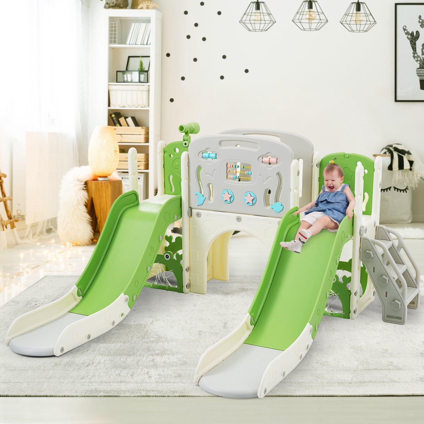 8-in-1 Kids Slide Toy Set, Freestanding Ocean Themed Playset Structure ...