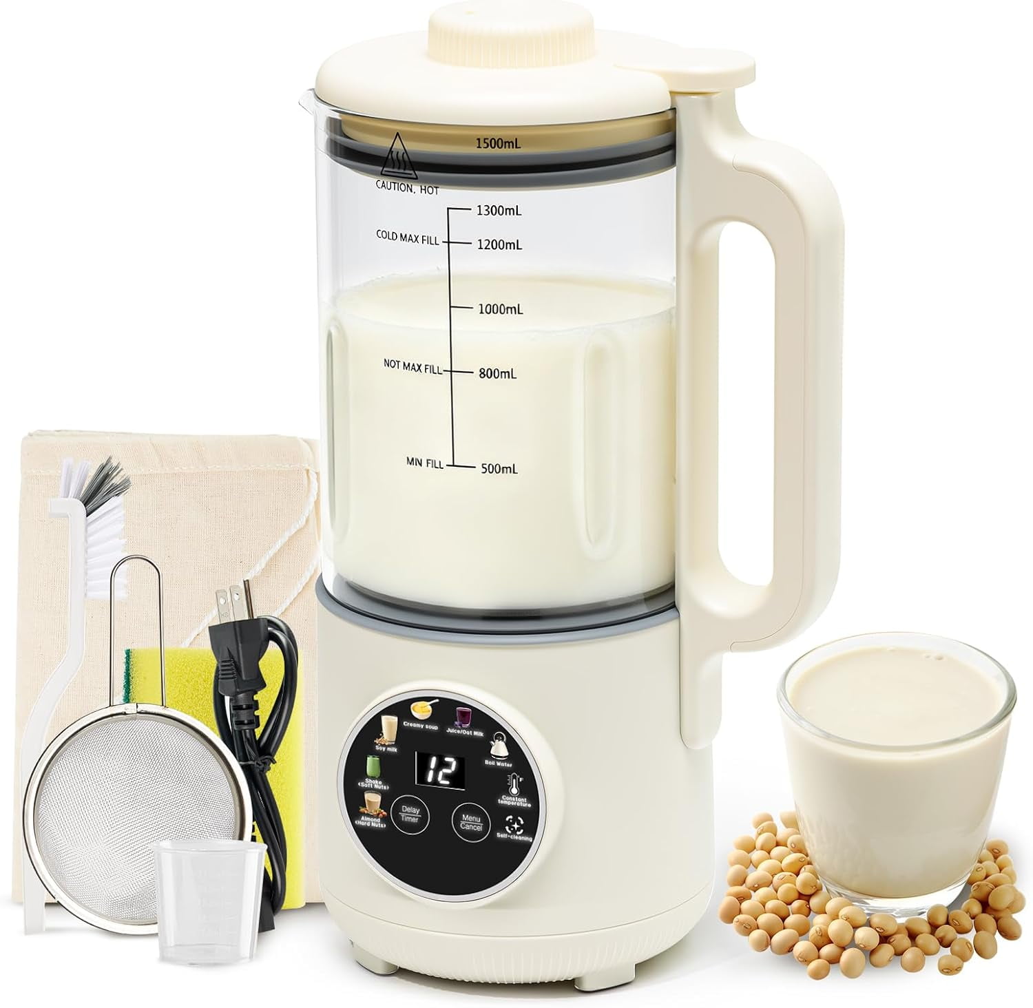 8-in-1 Nut Milk Maker Machine, 50oz Glass Soy Almond Oat with 20 Blades ...