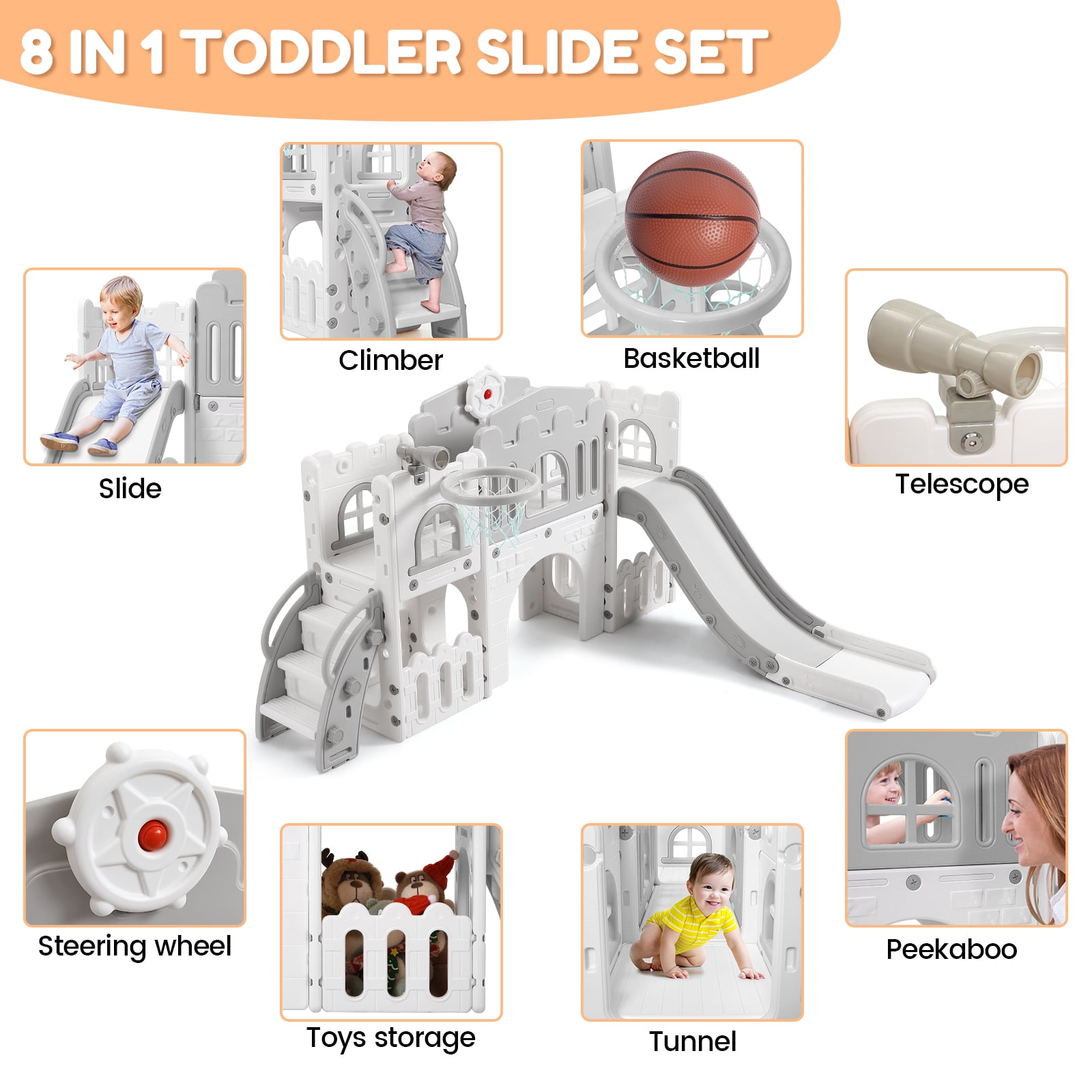 8 in 1 Toddler Slide Indoor Playground with Slide, Basketball Hoop ...