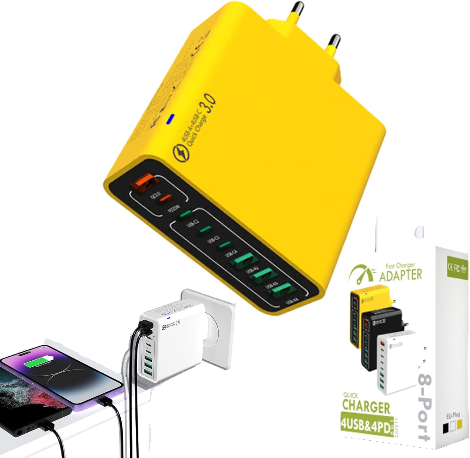 8 in 1 Waterproof Ports USB Fast Charger, 8 Ports 4USB+4PD 55W USB Fast ...