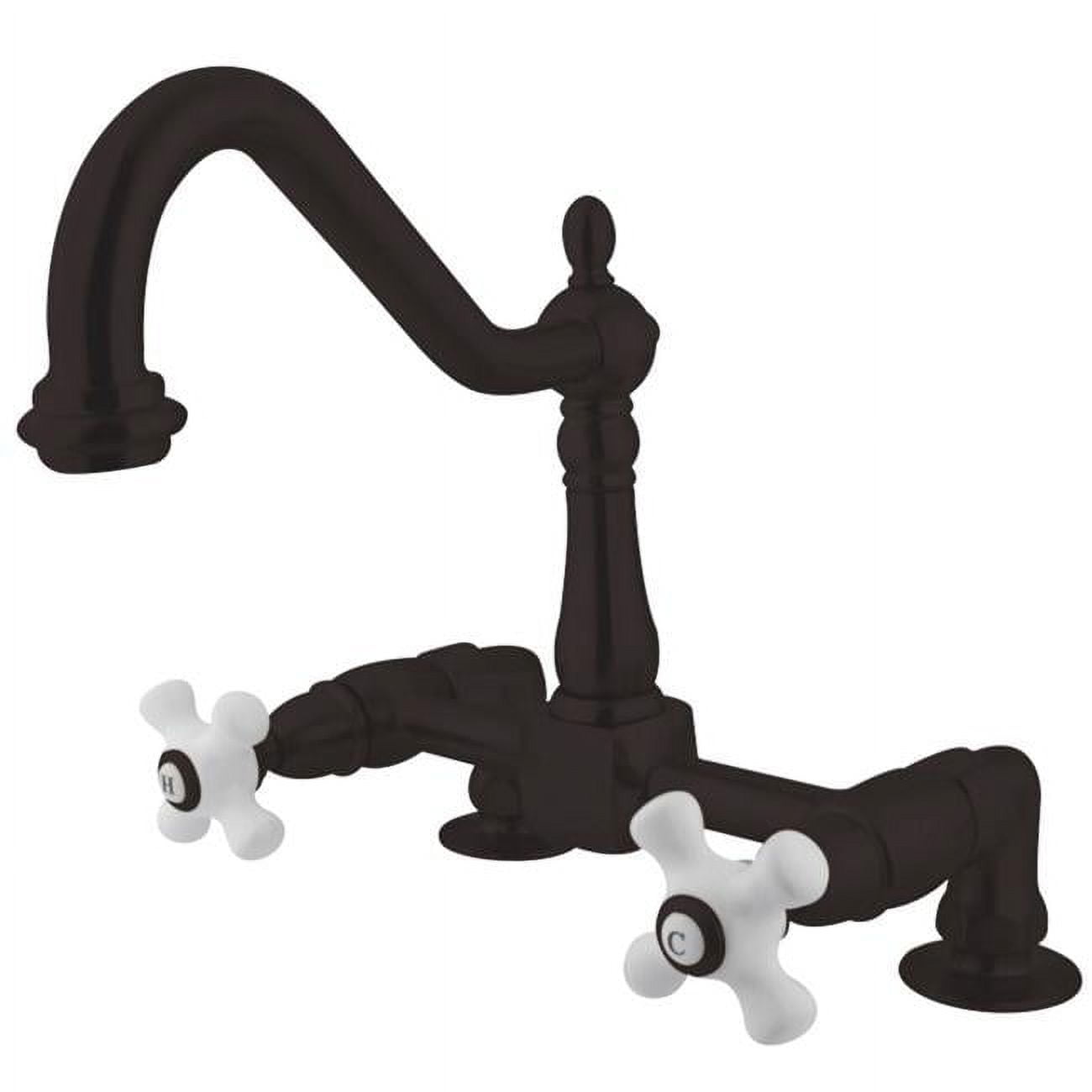 8 in. Deck Mount Bridge Kitchen Faucet with Porcelain Cross Handle, Oil ...