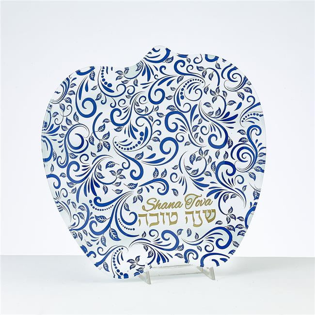 8 in. Rosh Hashanah Glass Apple Plate with Blue & Gold Accent Design ...