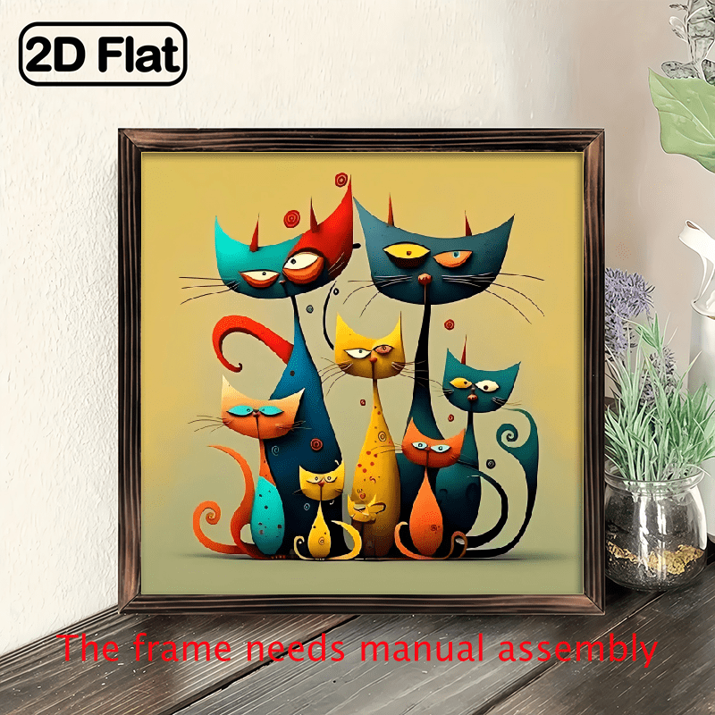 8-inch 2D flat "Art Cats" wooden frame painting. Easy to install ...