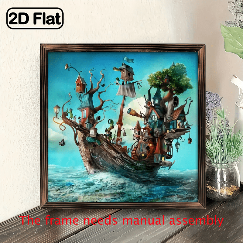 8-inch 2D flat "Art Room on a Boat" wooden framed painting, easy to ...