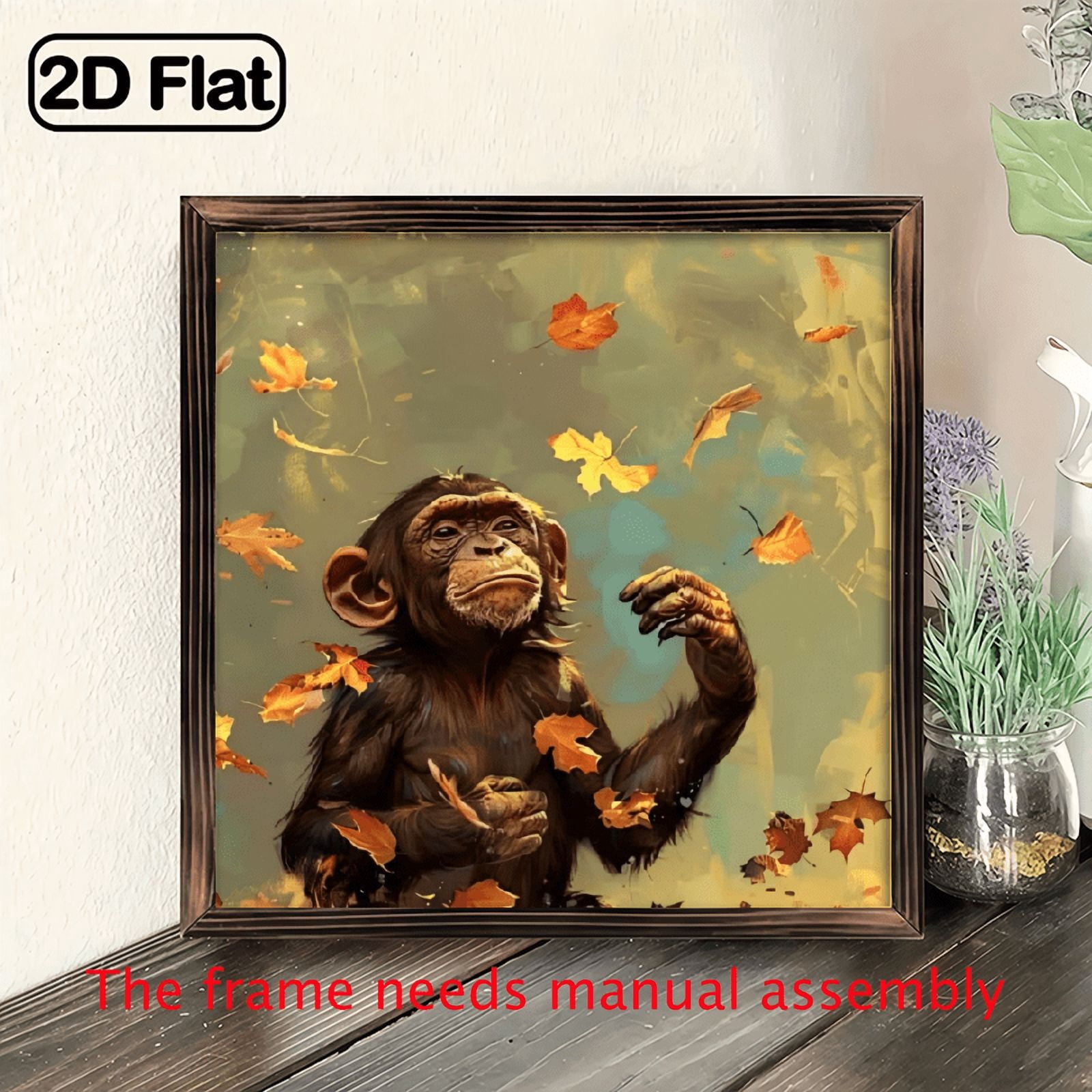 8-inch 2D flat "Autumn Monkey" wooden frame painting. Easy to install ...