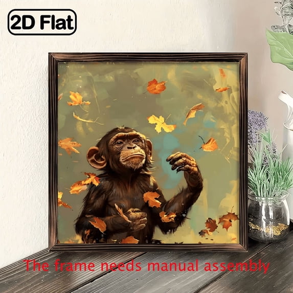 8-inch 2D flat "Autumn Monkey" wooden frame painting. Easy to install ...