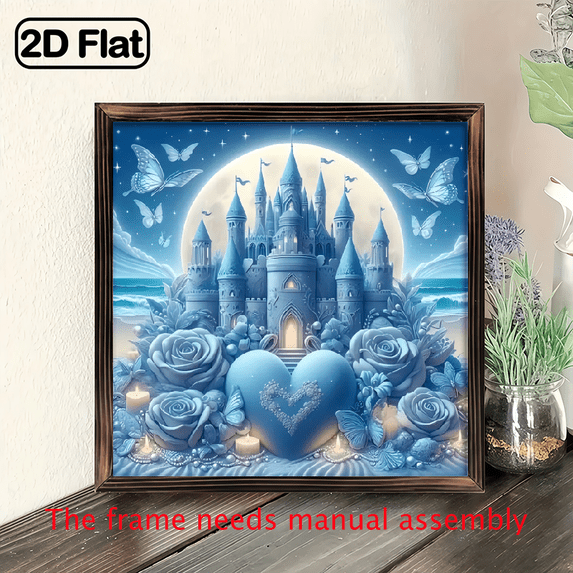 8-inch 2D flat "Beach Blue Castle" wooden frame painting. Installation ...