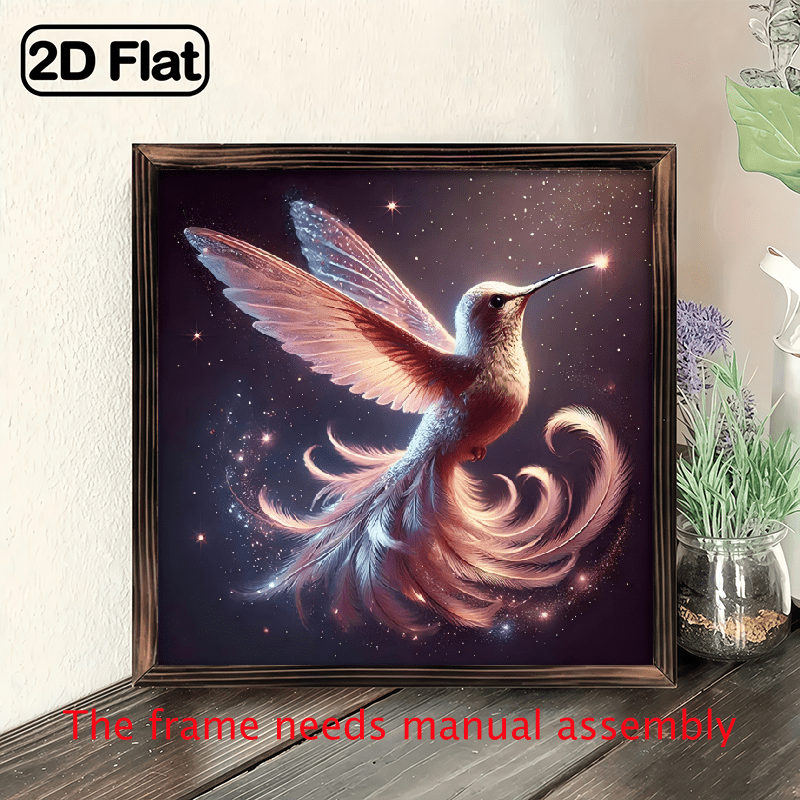 8-inch 2D flat "Beautiful Hummingbird" wooden framed painting, easy to ...