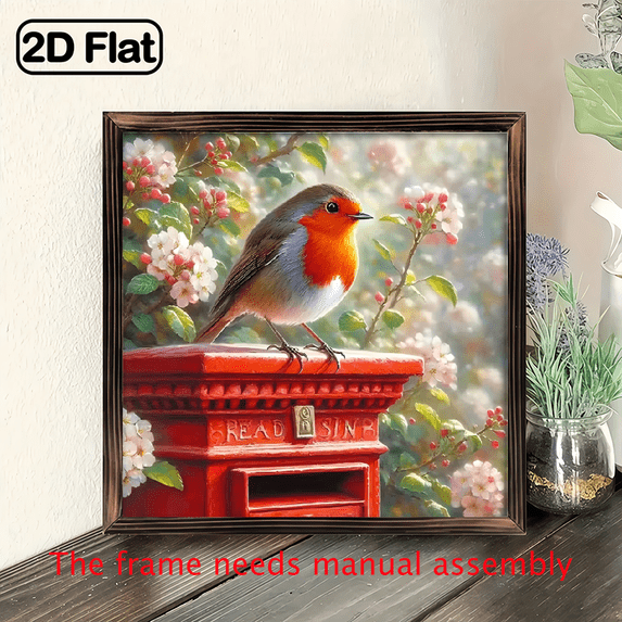 8-inch 2D flat "Bird on the Mailbox" wooden frame painting, easy to ...