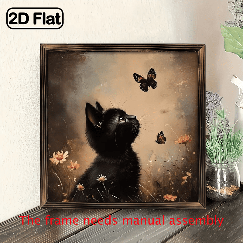 8-inch 2D flat "Black Cat and Butterfly" wooden framed painting, easy ...