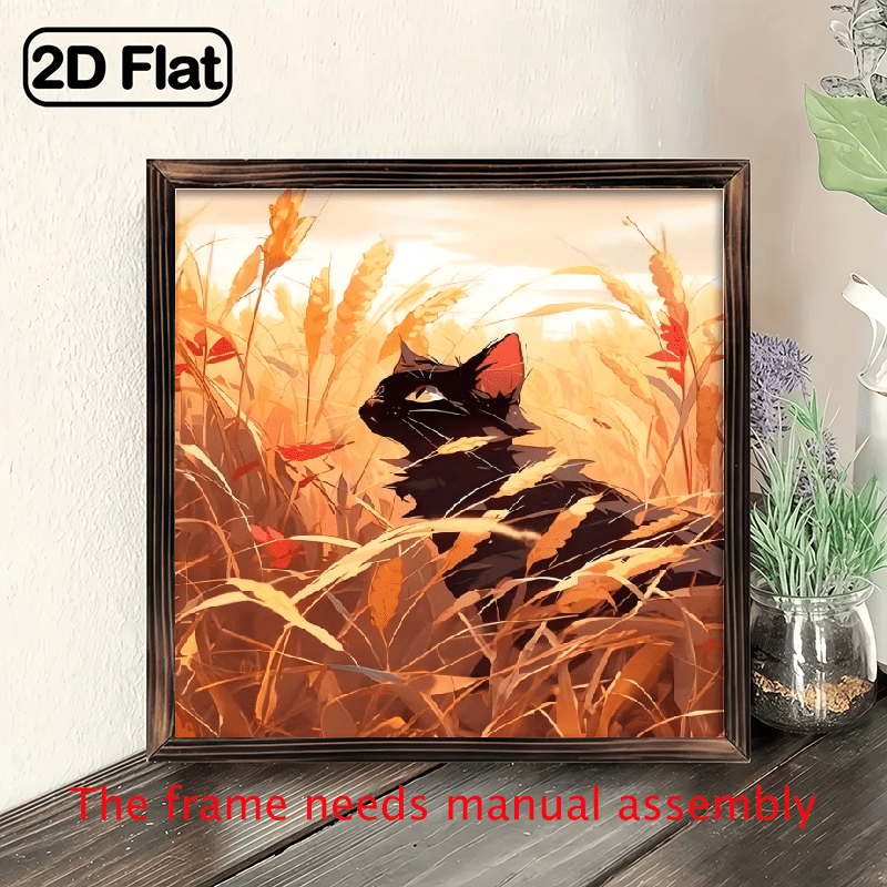 8-inch 2D flat "Black Cat in Reed Swamp" wooden frame painting ...